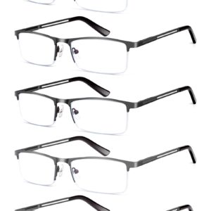 HIGHLIKE 5-Pack Blue Light Reading Glasses for Men, Metal Half Frame Readers Spring Hinge Clear Lens Eyeglasses with Pouches, Semi Rimless 3 Black 2 Gunmetal 3.5 x