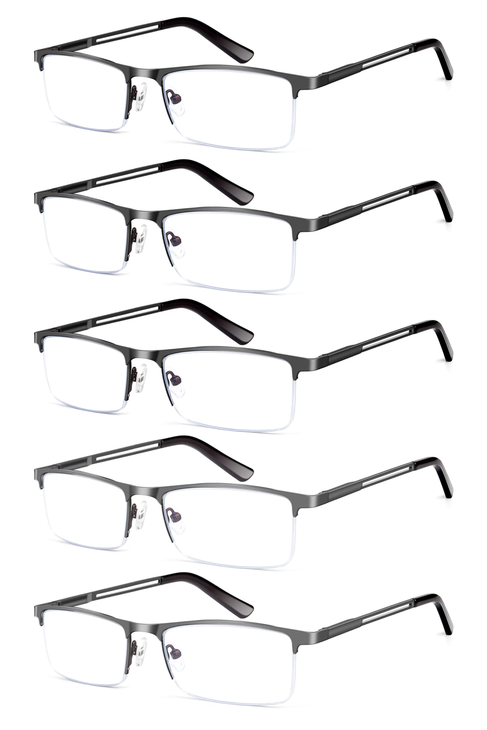 HIGHLIKE 5-Pack Blue Light Reading Glasses for Men, Metal Half Frame Readers Spring Hinge Clear Lens Eyeglasses with Pouches, Semi Rimless 3 Black 2 Gunmetal 3.5 x