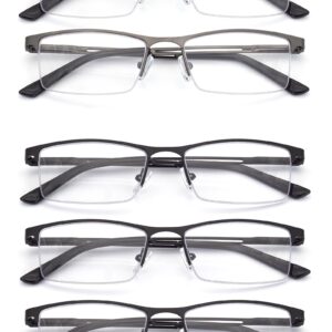 HIGHLIKE 5-Pack Blue Light Reading Glasses for Men, Metal Half Frame Readers Spring Hinge Clear Lens Eyeglasses with Pouches, Semi Rimless 3 Black 2 Gunmetal 3.5 x