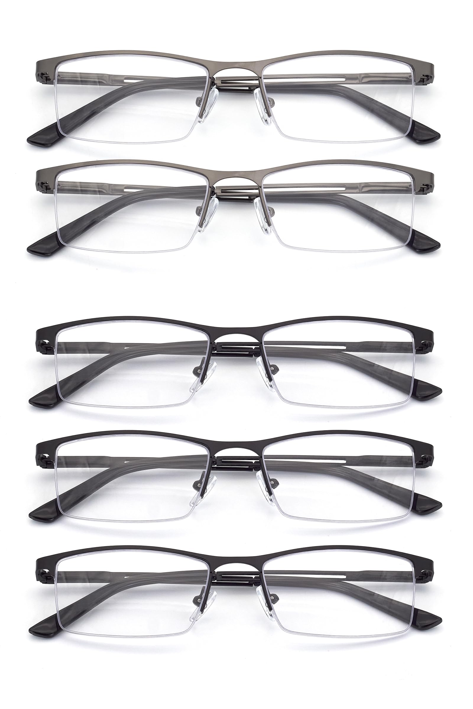 HIGHLIKE 5-Pack Blue Light Reading Glasses for Men, Metal Half Frame Readers Spring Hinge Clear Lens Eyeglasses with Pouches, Semi Rimless 3 Black 2 Gunmetal 3.5 x