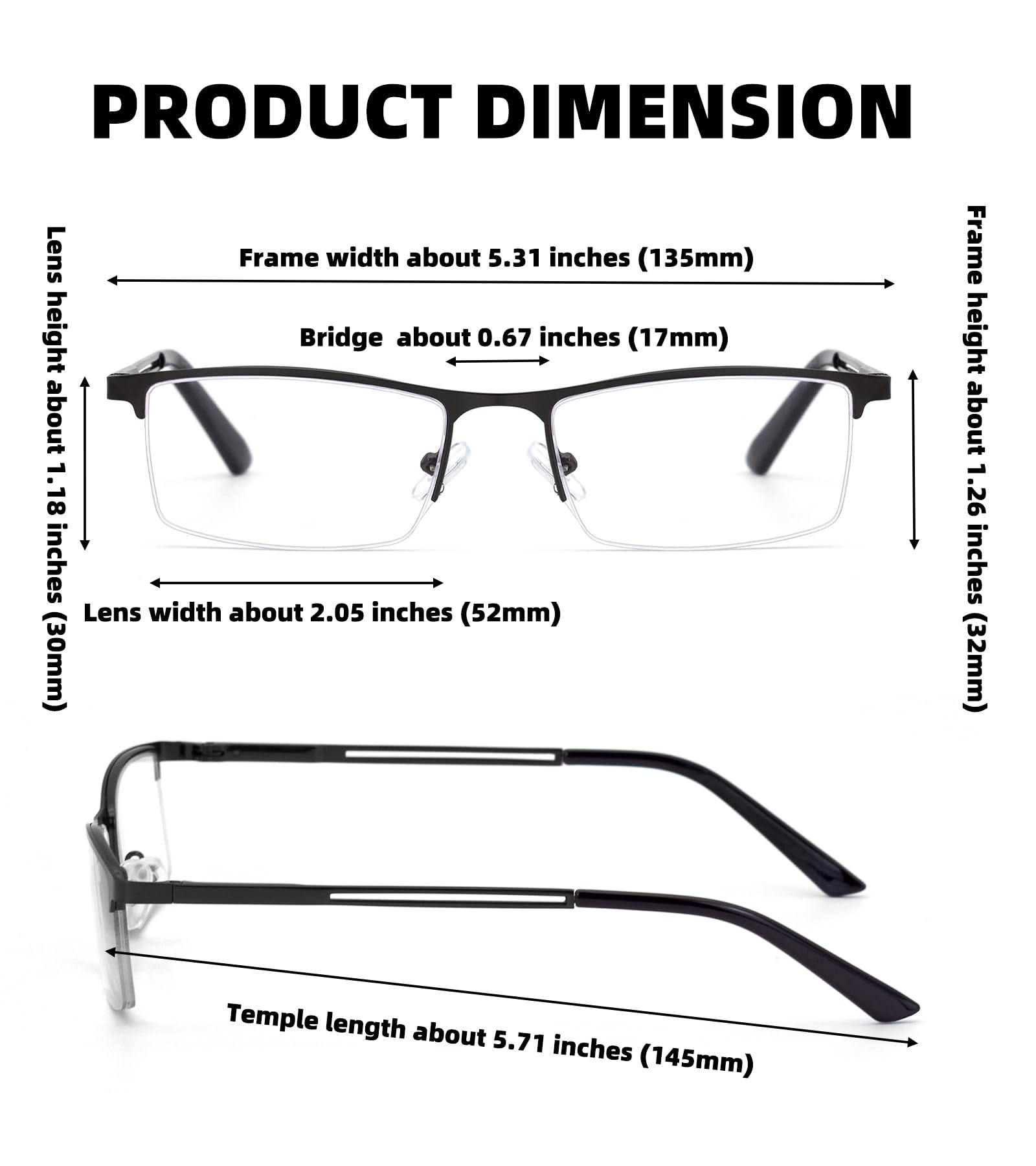 HIGHLIKE 5-Pack Blue Light Reading Glasses for Men, Metal Half Frame Readers Spring Hinge Clear Lens Eyeglasses with Pouches, Semi Rimless 3 Black 2 Gunmetal 3.5 x