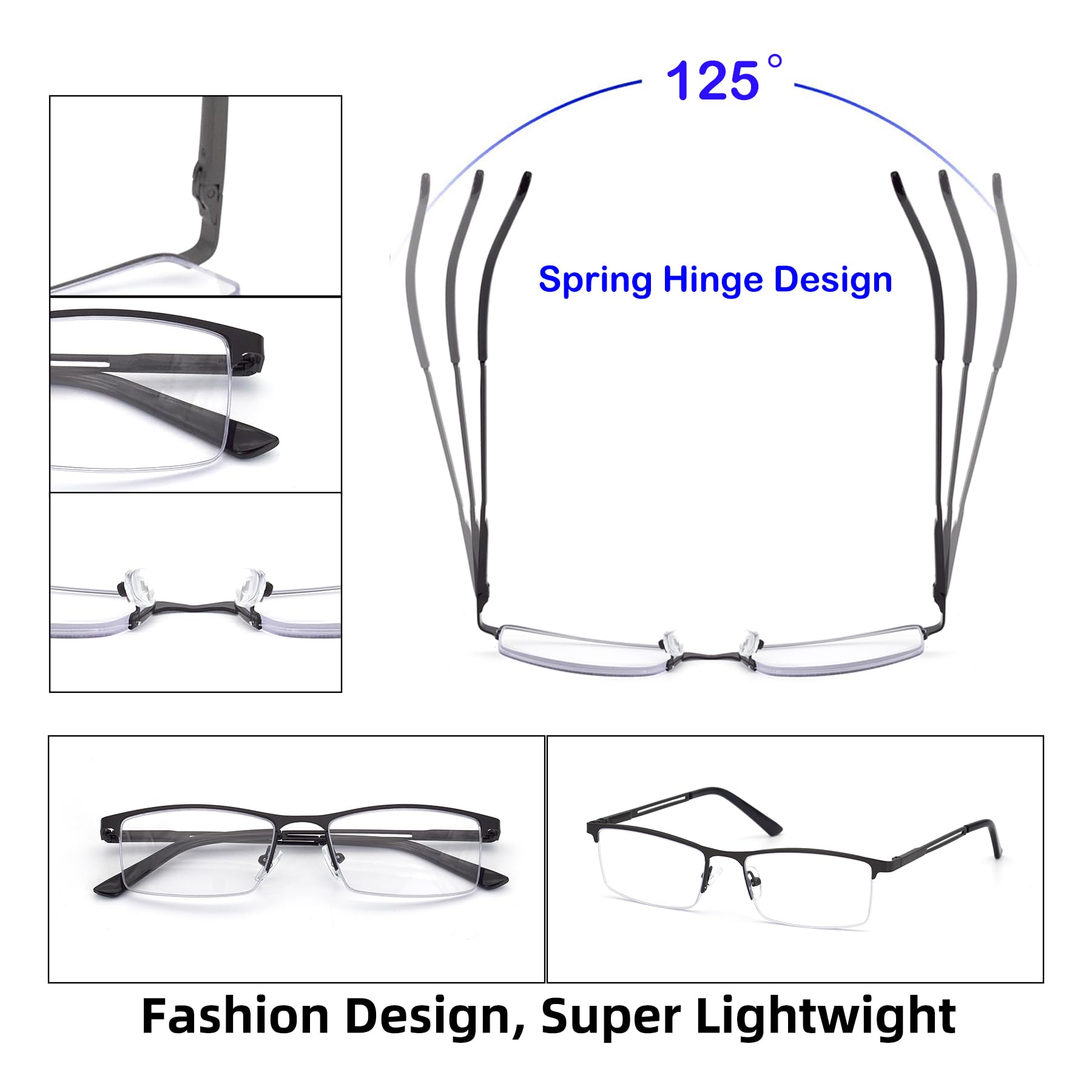 HIGHLIKE 5-Pack Blue Light Reading Glasses for Men, Metal Half Frame Readers Spring Hinge Clear Lens Eyeglasses with Pouches, Semi Rimless 3 Black 2 Gunmetal 3.5 x