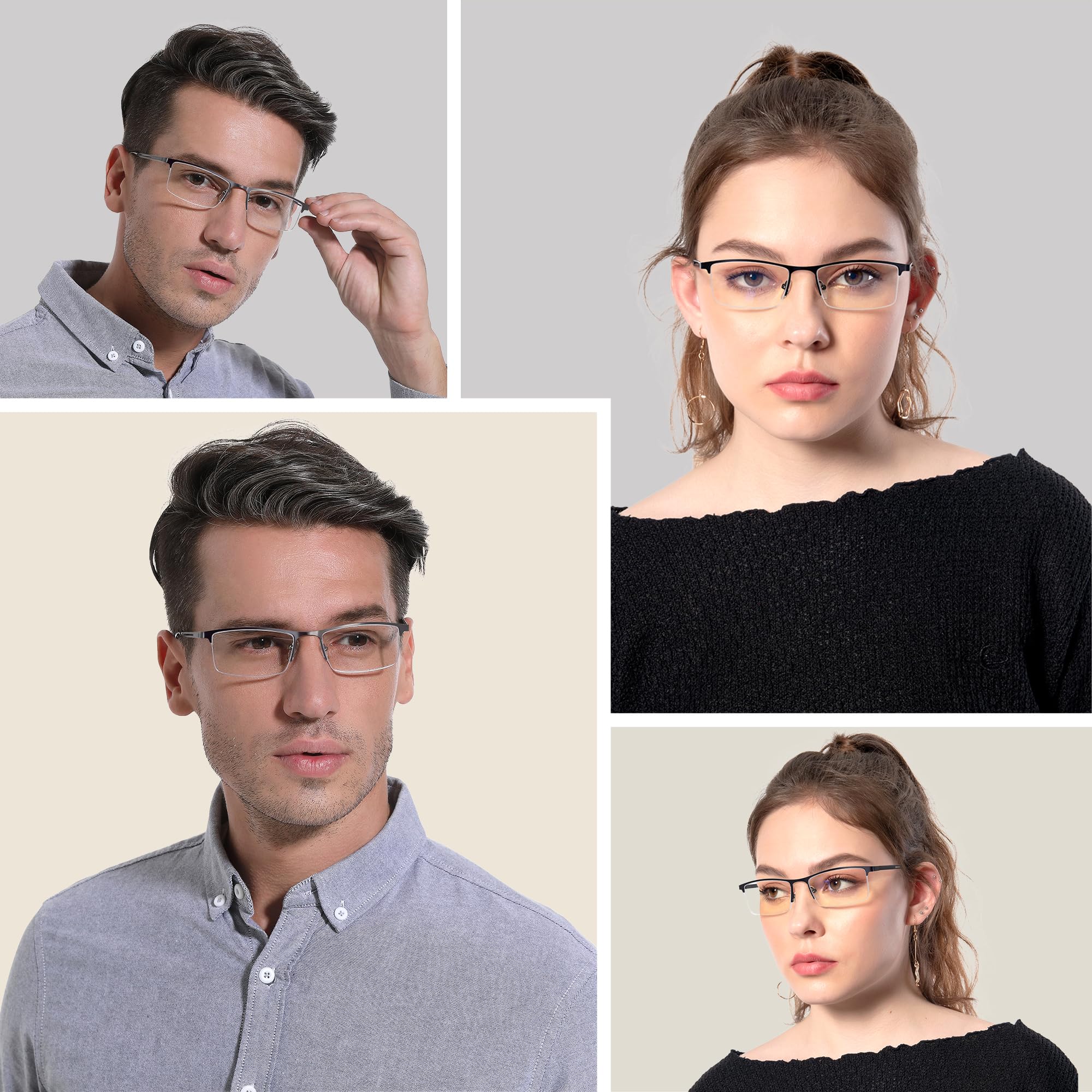 HIGHLIKE 5-Pack Blue Light Reading Glasses for Men, Metal Half Frame Readers Spring Hinge Clear Lens Eyeglasses with Pouches, Semi Rimless 3 Black 2 Gunmetal 3.5 x