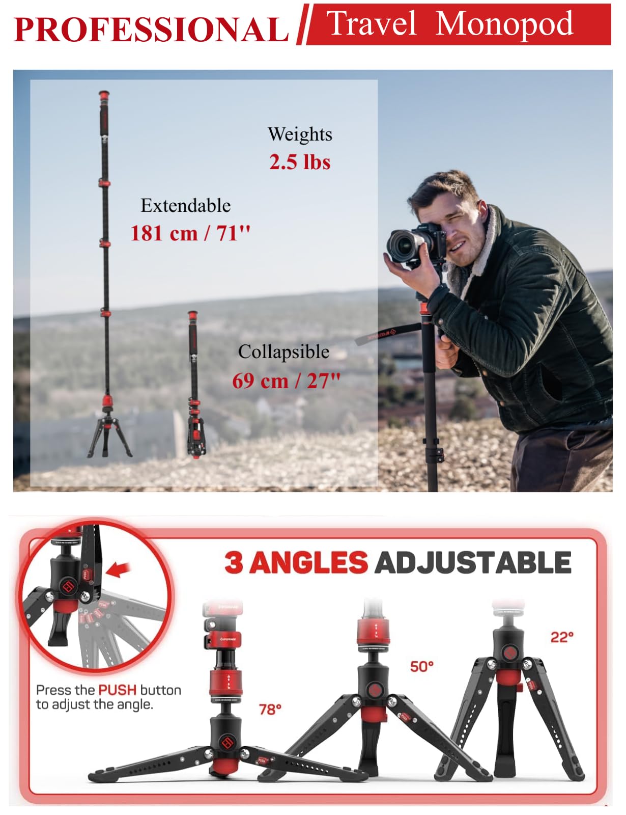 IFOOTAGE Cobra 3 A180F Monopod for Cameras, 71" Aluminum Professional Video Monopod with Tripod Base, Max Load 10KG