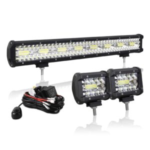 auxtings 23 inch 480w led light bar spot flood beam +2x 4 inch 48w spot led pods fog lights with 2 leads 12v wiring harness kit for jeep pickup off road truck 4x4 atv boat trailer,waterproof