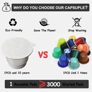 Reusable Espresso Capsules Stainless Steel Refillable Coffee Pods with Biodegradable Paper Seals Stickers Lids Compatible for Nespresso Original Line Machines (2 Cups + 100 Lids)