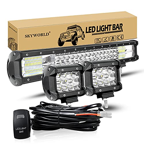 SKYWORLD 20 inch 288W Spot Flood Combo LED Light Bar Work Driving Lamp + 2 x 36W 4 inch LED Pods Fog Lights with 12V Rocker Wiring Harness Kit for Truck Tractor 4x4 4WD Car ATV UTV SUV Vehicles