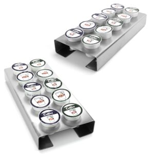 polar whale 2 brushed stainless steel coffee pod organizer storage tray counter stand or wall mount compatible with keurig k-cup kcup for kitchen home office waterproof 12 x 5.25 inches each holds 10