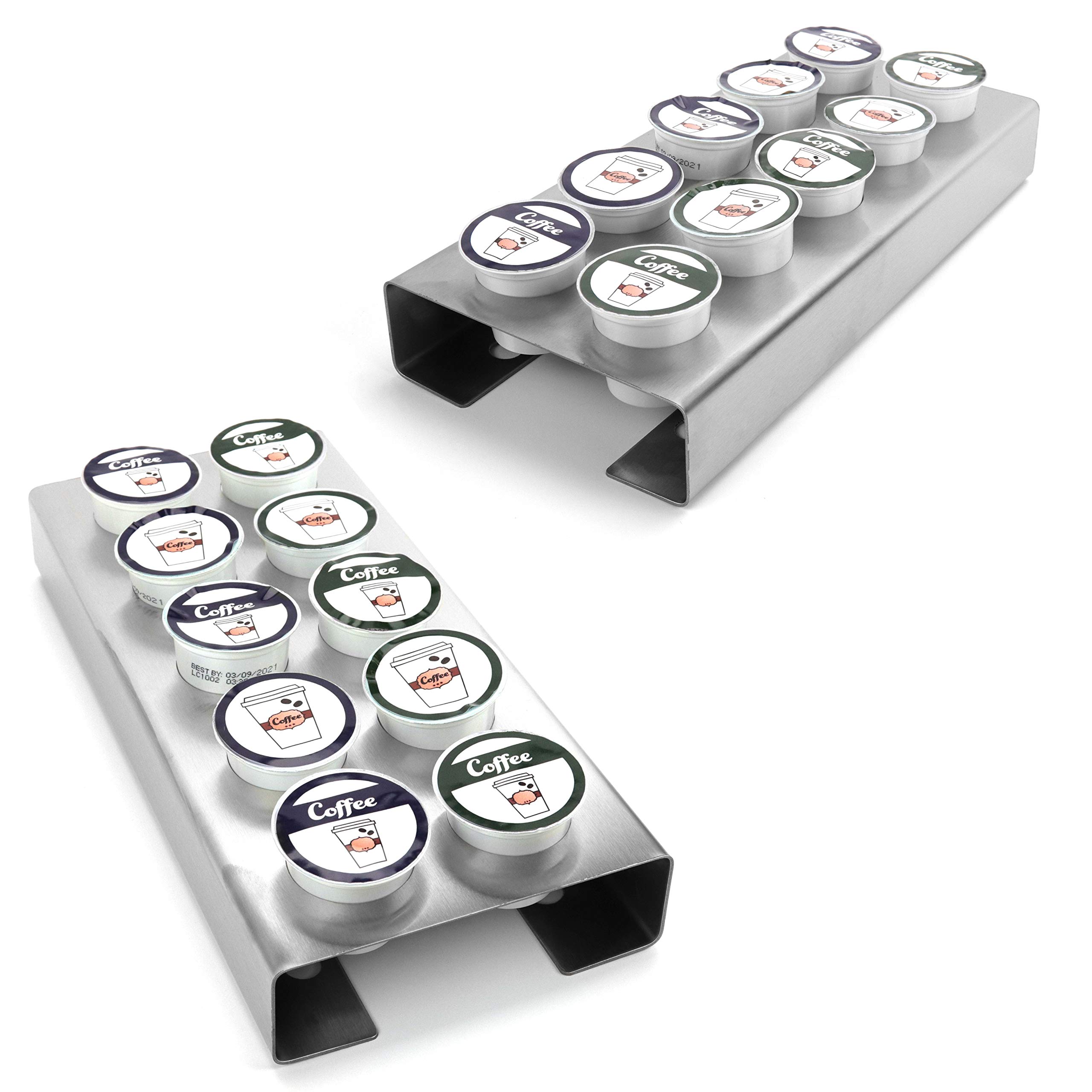 Polar Whale 2 Brushed Stainless Steel Coffee Pod Organizer Storage Tray Counter Stand or Wall Mount Compatible with Keurig K-Cup KCup for Kitchen Home Office Waterproof 12 x 5.25 Inches Each Holds 10