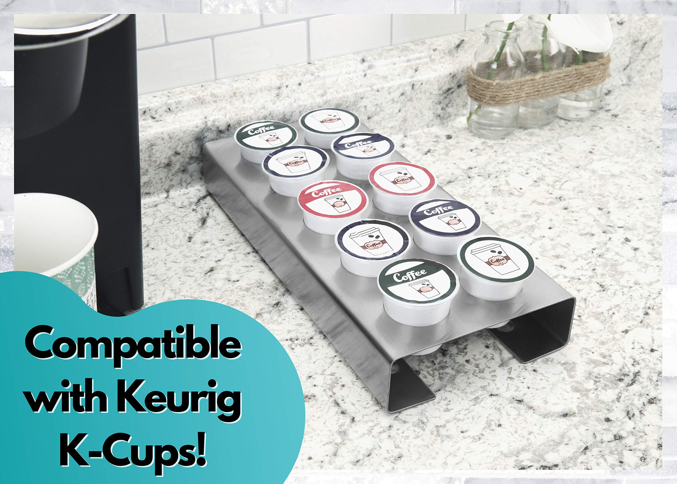 Polar Whale 2 Brushed Stainless Steel Coffee Pod Organizer Storage Tray Counter Stand or Wall Mount Compatible with Keurig K-Cup KCup for Kitchen Home Office Waterproof 12 x 5.25 Inches Each Holds 10