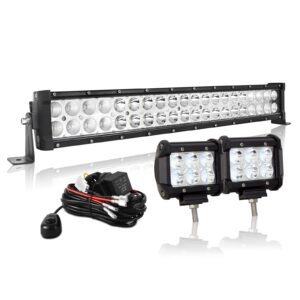 auxtings 22 inch 120w spot flood beam led light bar 2x 4 inch 18w spot led pods fog lights with 12v wiring harness kit 2 leads for jeep pickup off road truck 4x4 atv boat trailer,waterproof