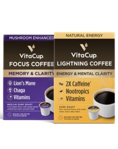 vitacup lightning coffee pods, enhance memory & focus w/ 2x caffeine,16ct | focus mushroom coffee pods, boost focus & immunity w/lions mane, chaga, b vitamins, d3 16ct