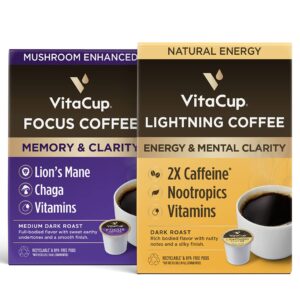 VitaCup Lightning Coffee Pods, Enhance Memory & Focus w/ 2X Caffeine,16CT | Focus Mushroom Coffee Pods, Boost Focus & Immunity w/Lions Mane, Chaga, B Vitamins, D3 16CT