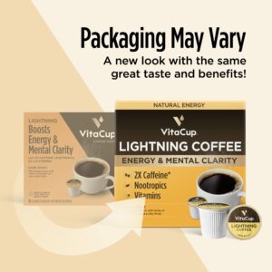 VitaCup Lightning Coffee Pods, Enhance Memory & Focus w/ 2X Caffeine,16CT | Focus Mushroom Coffee Pods, Boost Focus & Immunity w/Lions Mane, Chaga, B Vitamins, D3 16CT