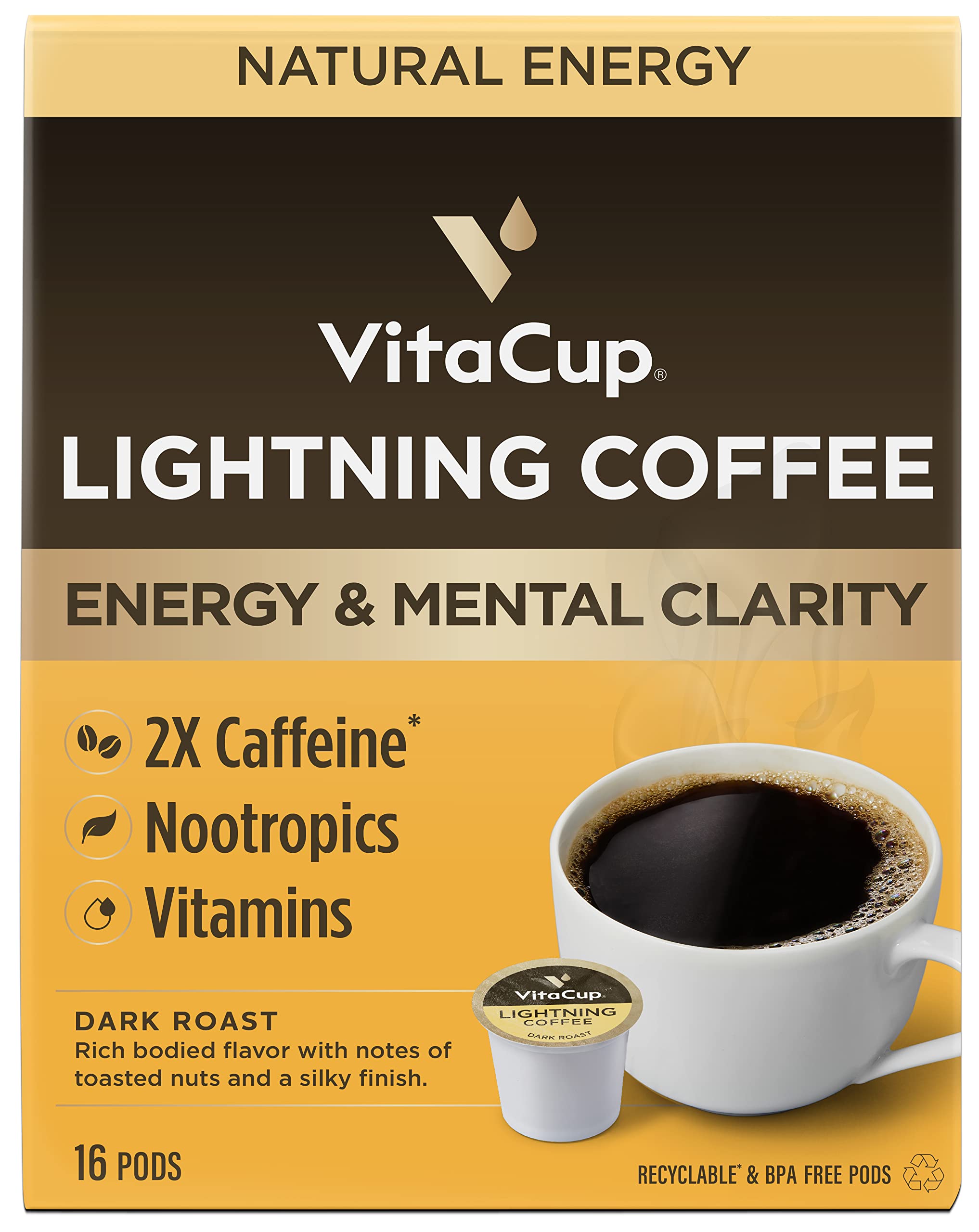 VitaCup Lightning Coffee Pods, Enhance Memory & Focus w/ 2X Caffeine,16CT | Focus Mushroom Coffee Pods, Boost Focus & Immunity w/Lions Mane, Chaga, B Vitamins, D3 16CT