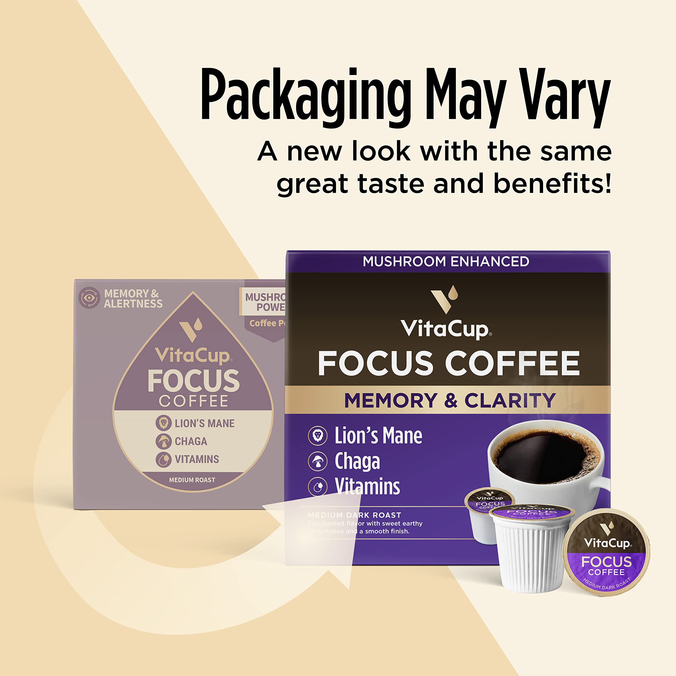 VitaCup Lightning Coffee Pods, Enhance Memory & Focus w/ 2X Caffeine,16CT | Focus Mushroom Coffee Pods, Boost Focus & Immunity w/Lions Mane, Chaga, B Vitamins, D3 16CT