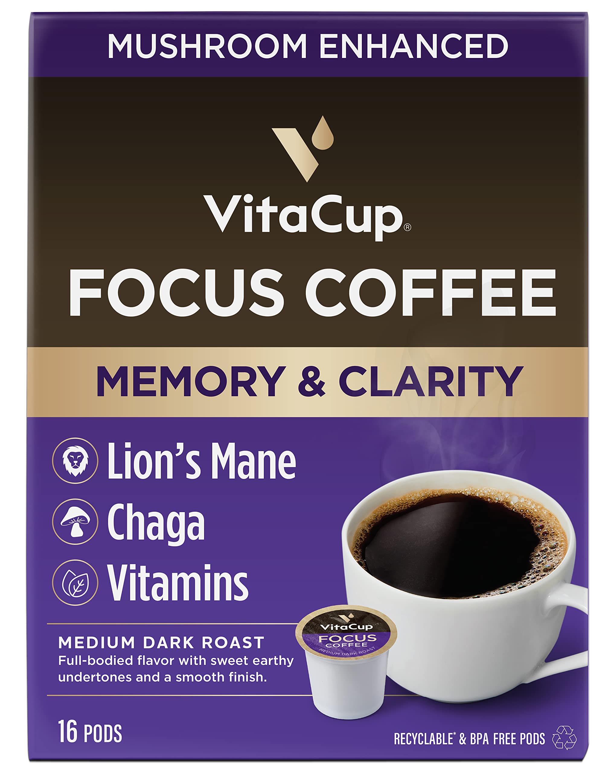 VitaCup Lightning Coffee Pods, Enhance Memory & Focus w/ 2X Caffeine,16CT | Focus Mushroom Coffee Pods, Boost Focus & Immunity w/Lions Mane, Chaga, B Vitamins, D3 16CT