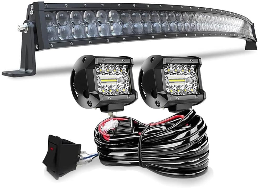 52 Inch Led Light Bar 5D Curved +2X 4Inch Led Cube Pods W/Wiring Kit for Polaris Ranger Can Am X3 Maverick Grand Cherokee XJ Dodge Ram Dodge GMC UTV ATV 4WD Truck Boat