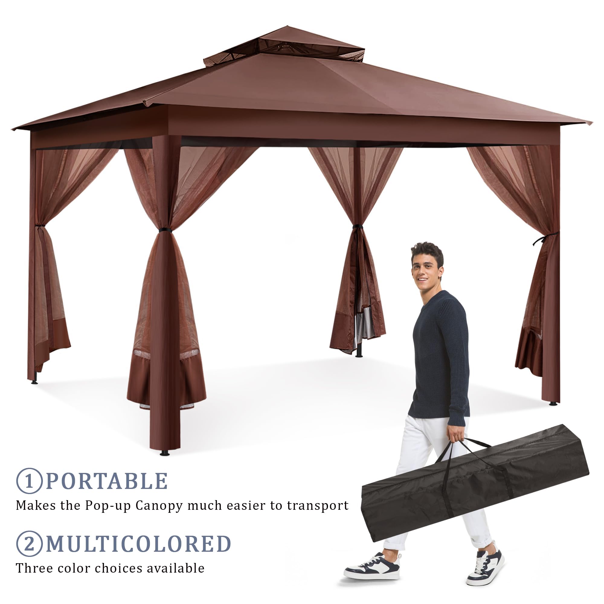 yoyomax 13X13 Outdoor Pop Up Gazebo with Netting, Portable Gazebo Waterproof Patio Canopy Shelter with Double Roof Tops and 169 Square Feet of Shade for Beach Parties, Camping and Picnics - Brown