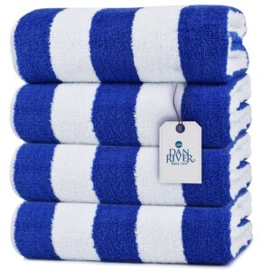 dan river 100% cotton beach towels set pack of 4, quick dry ultra soft & highly absorbent 30”x60” oversized cabana striped pool towels for bathroom, home, hotel and shore| 500 gsm| blue striped