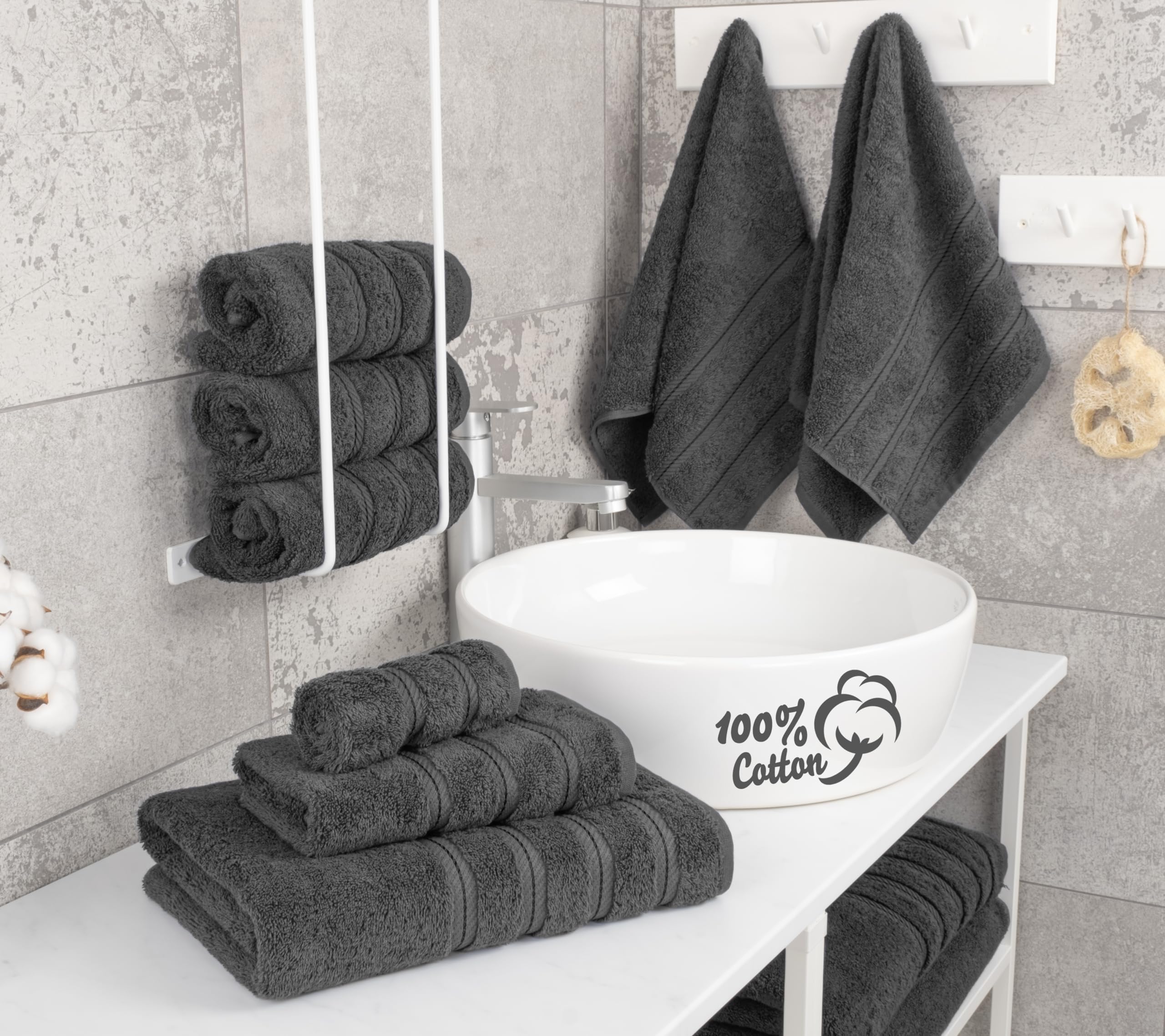 American Soft Linen Luxury 6 Piece Towel Set, 2 Bath Towels 2 Hand Towels 2 Washcloths, 100% Cotton Turkish Towels for Bathroom, Dark Gray Towel Sets