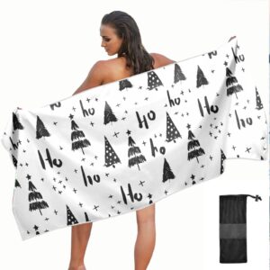 christmas tree hohoho black beach towel quick dry microfiber beach towels oversized sandproof travel towel for women girls boys adults bath towel for bath vacation body pool gym camping, 31”x 71”