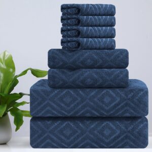 chino oversized bath towel set of 8 navy, microfiber 2 large bath sheets, 2 hand towels, 4 washcloths - super absorbent jumbo towels set diamond pattern soft shower towel for bathroom beach spa hotel