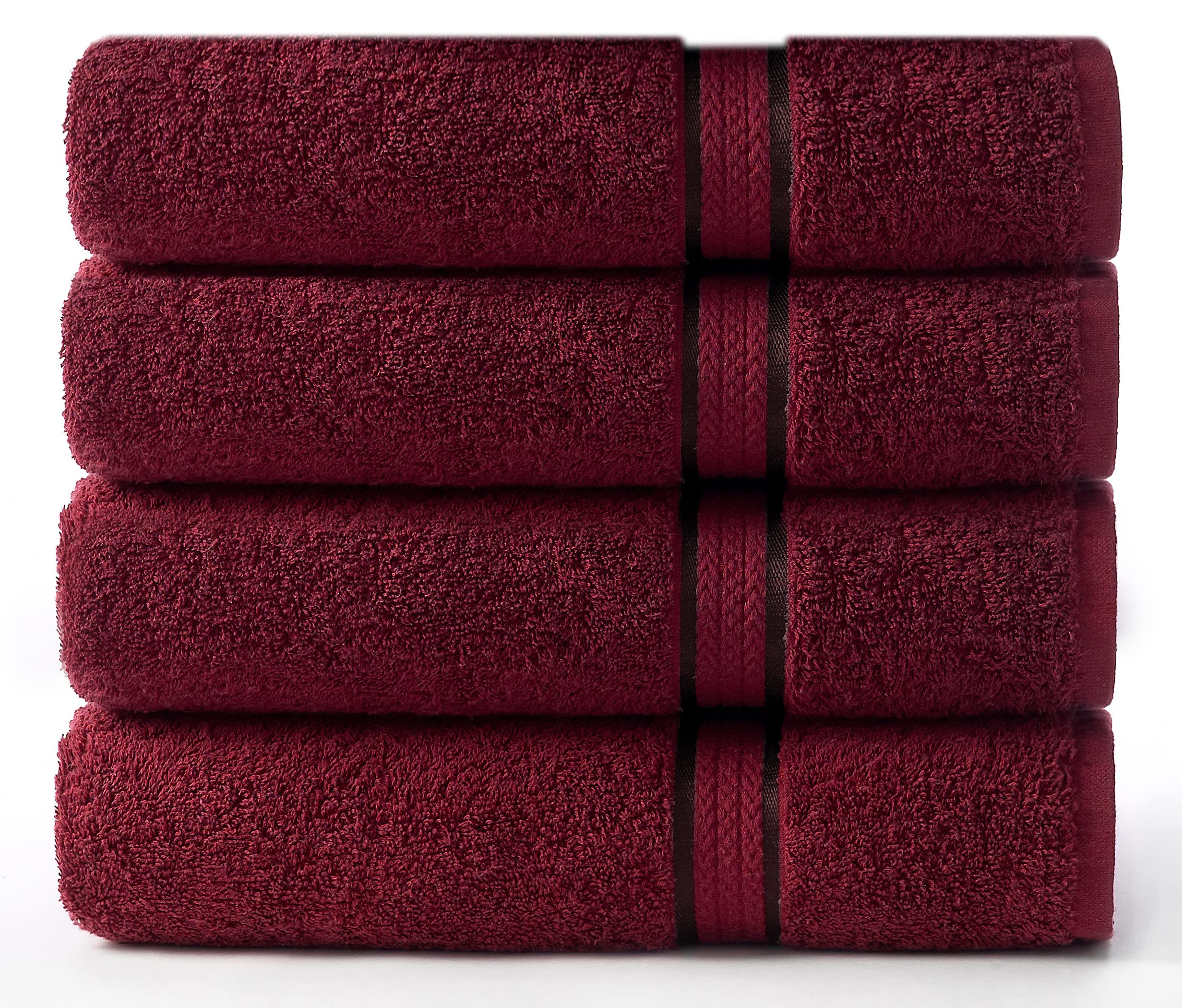 COTTON CRAFT Ultra Soft 4 Pack Oversized Extra Large Bath Towels 30x54 Burgundy Weighs 22 Ounces - 100% Pure Ringspun Cotton - Luxurious Rayon Trim - Ideal for Everyday use - Easy Care Machine wash