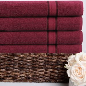 COTTON CRAFT Ultra Soft 4 Pack Oversized Extra Large Bath Towels 30x54 Burgundy Weighs 22 Ounces - 100% Pure Ringspun Cotton - Luxurious Rayon Trim - Ideal for Everyday use - Easy Care Machine wash