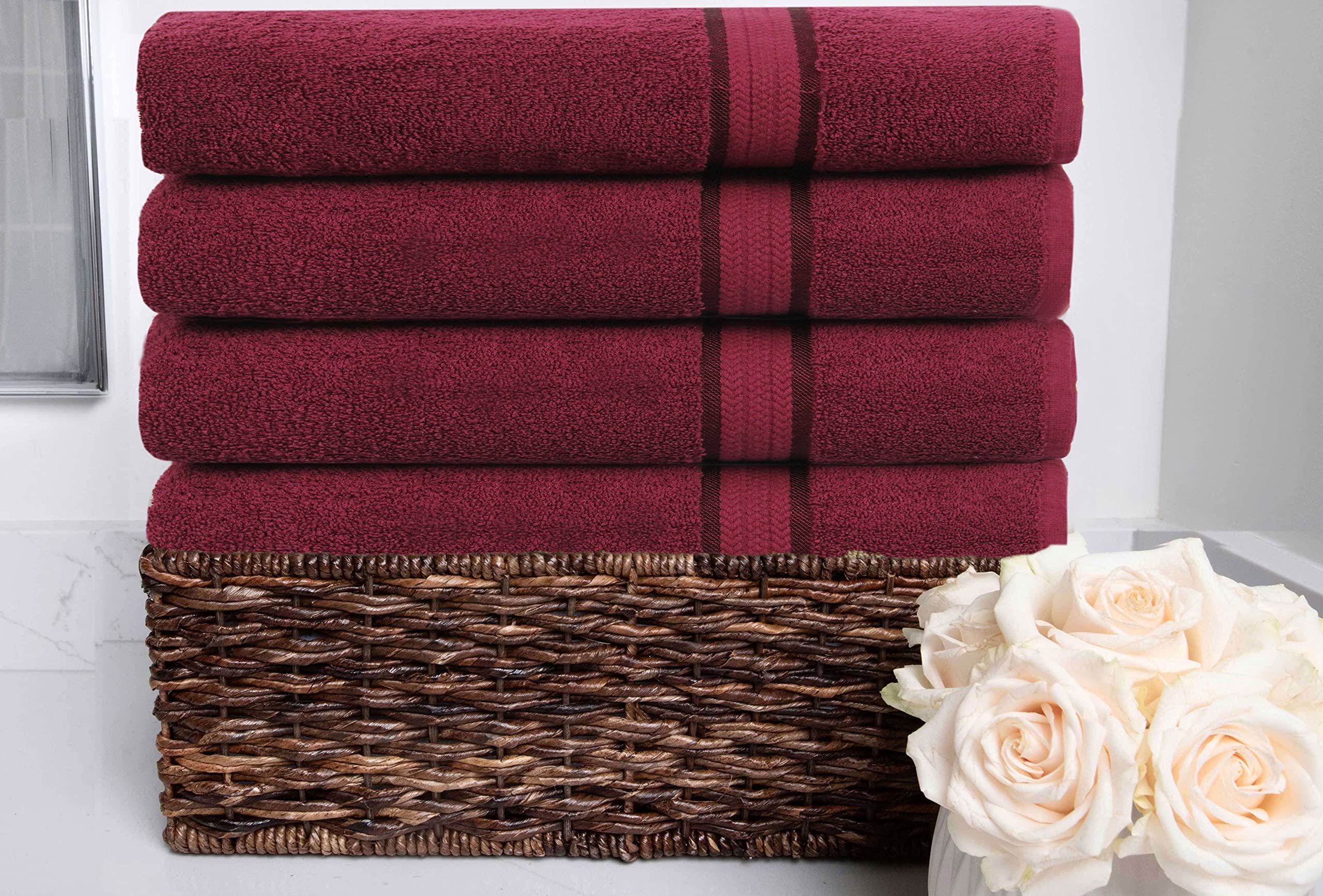 COTTON CRAFT Ultra Soft 4 Pack Oversized Extra Large Bath Towels 30x54 Burgundy Weighs 22 Ounces - 100% Pure Ringspun Cotton - Luxurious Rayon Trim - Ideal for Everyday use - Easy Care Machine wash