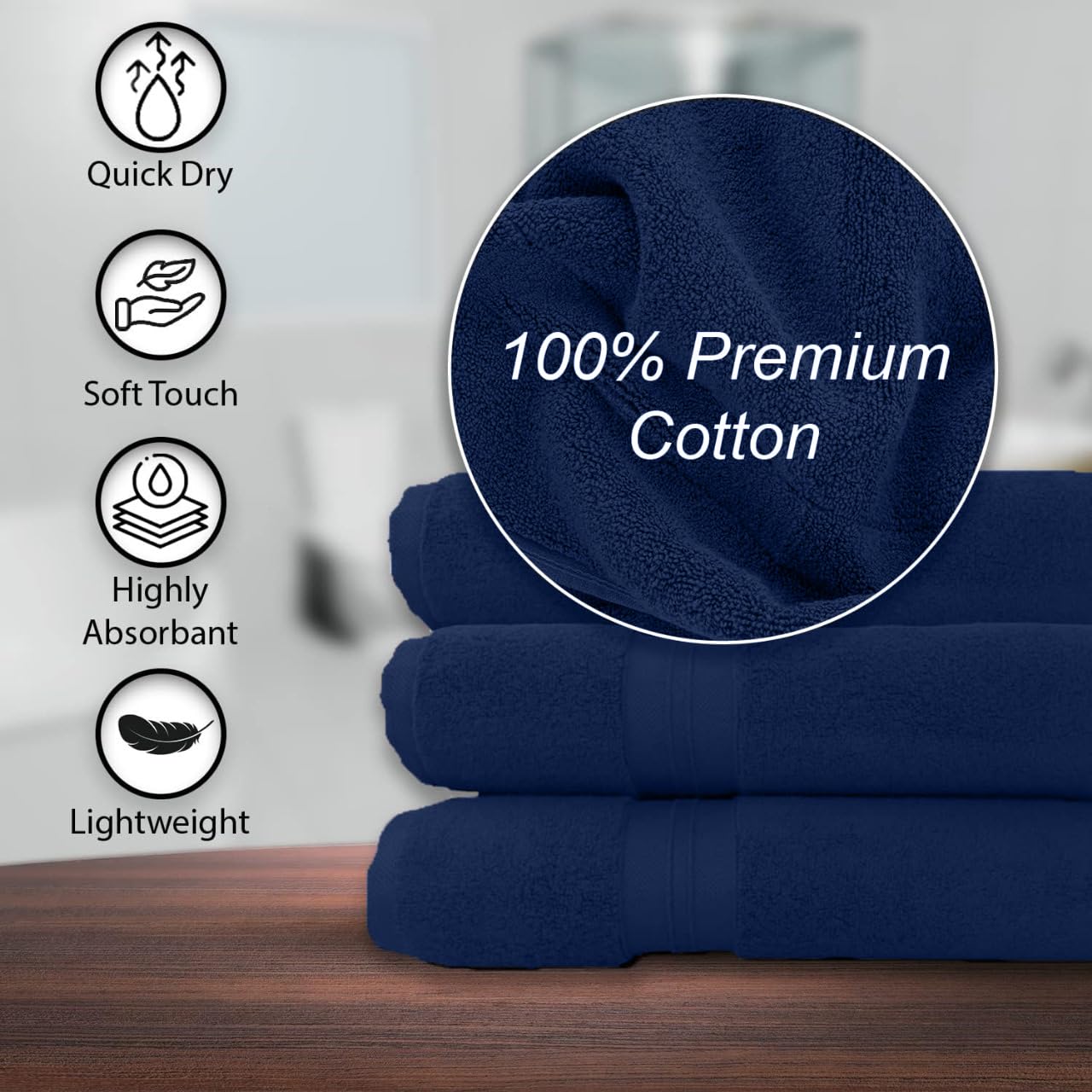 KAHAF COLLECTION 100% Cotton Bath Towels, Navy 24x48 Pack of 6 Towels, Quick Dry, Highly Absorbent, Soft Feel Towel, Gym, Spa, Bathroom, Shower, Pool, Luxury Soft Towels (24x48-6 Pack, Navy)