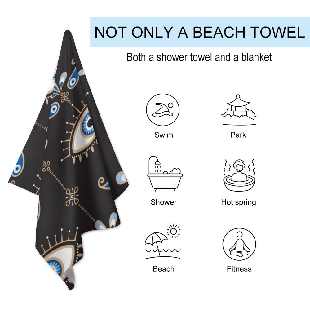 ZHIMI Beach Towels Oversized Black Blue Evil Eye Hand Bath Towel Pool Towels Microfiber Absorbent Sand Free Quick Dry Towels for Bathroom Gym Camping Women Men 31x51Inch