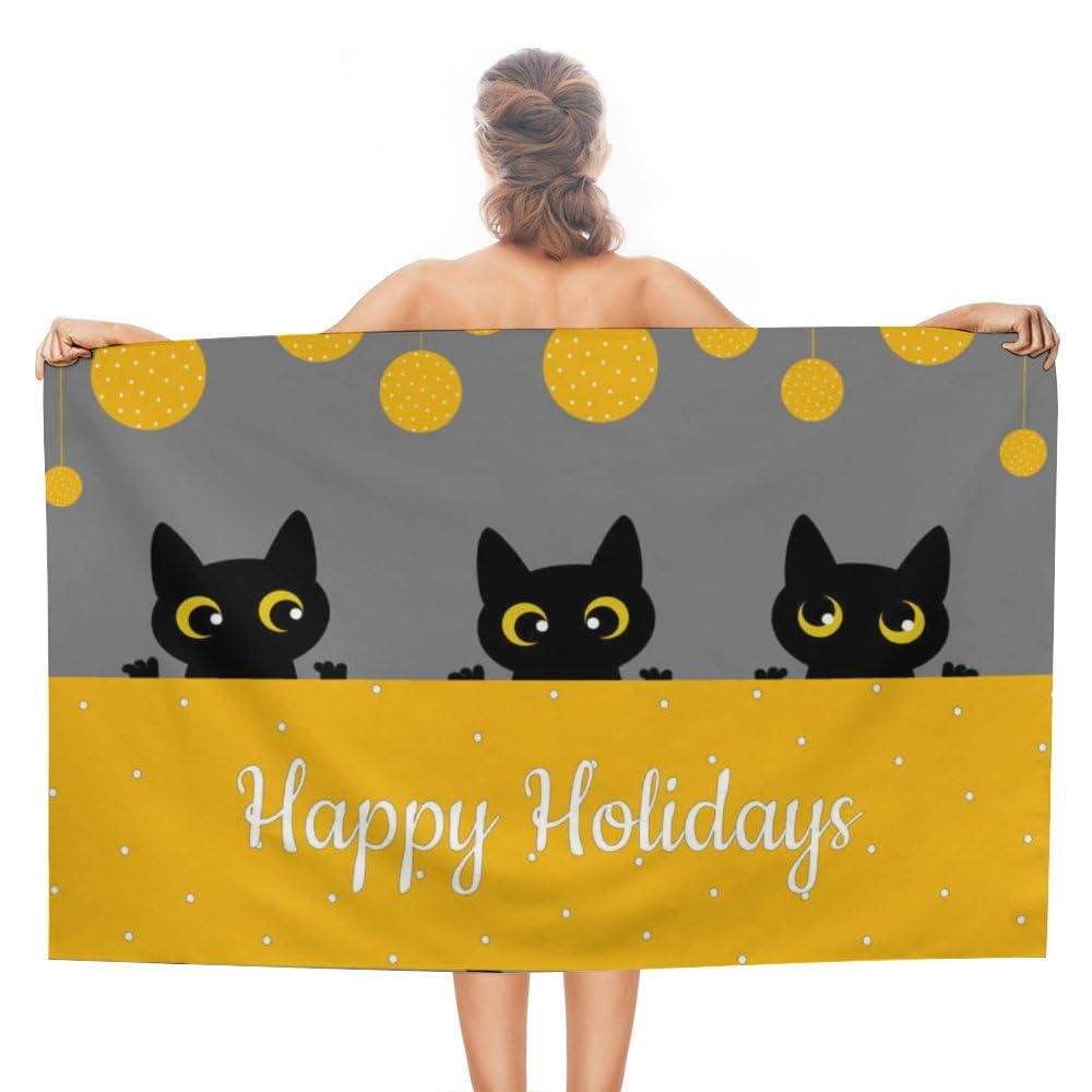 Three Black Cute Cat Microfiber Absorbent Lightweight Beach Towels Fast Dry Oversized Sand Free Beach Blanket 31x51in for Swimming Camping Travel Gym and Yoga