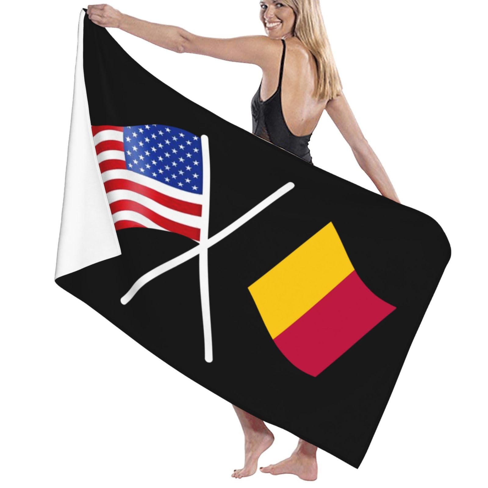 ADOSIA American and Belgium Flag Beach Towel 32x52in Oversized Soft Absorbent Beach Towel