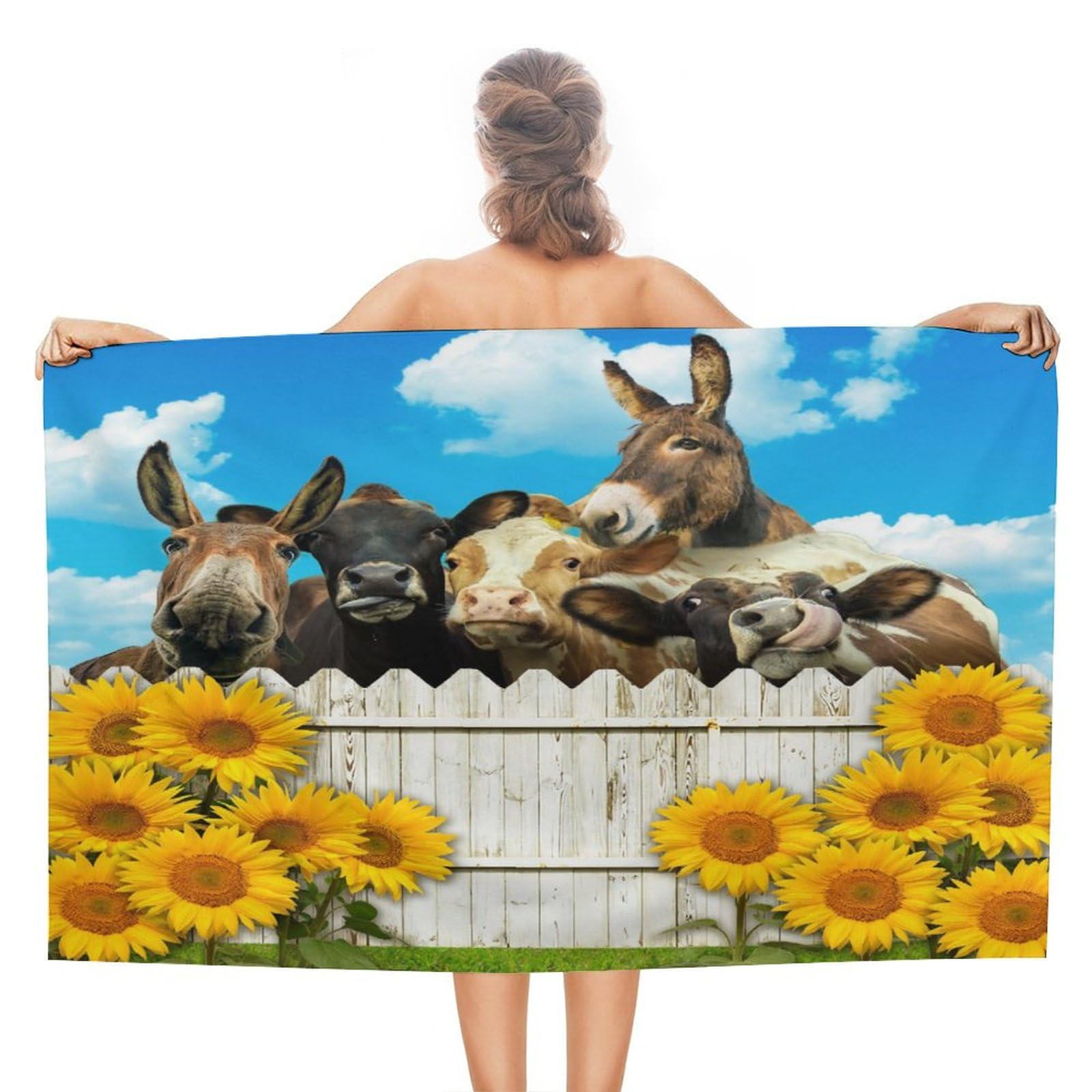 Brebasf Funny Farm Animal Oversized Lightweight,Extra Large Soft Beach Towels Rustic Farmhouse Cow Donkey Abstract Sunflower Sauna Beach Gym 51W x31L