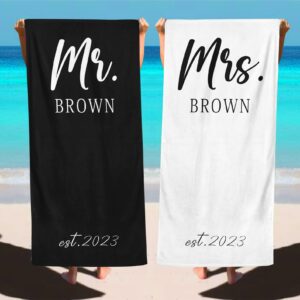 custom mr & mrs beach towel, his & hers towels, bride honeymoon travel, personalized bride groom beach towel, gift for couples, beach bachelorette, honeymoon gifts, just married gifts