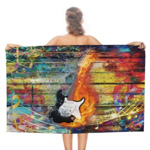 brebasf abstract colorful guitar oversized lightweight,extra large soft beach towels music note colorful woodern board jazz music sauna beach gym,51w x31l