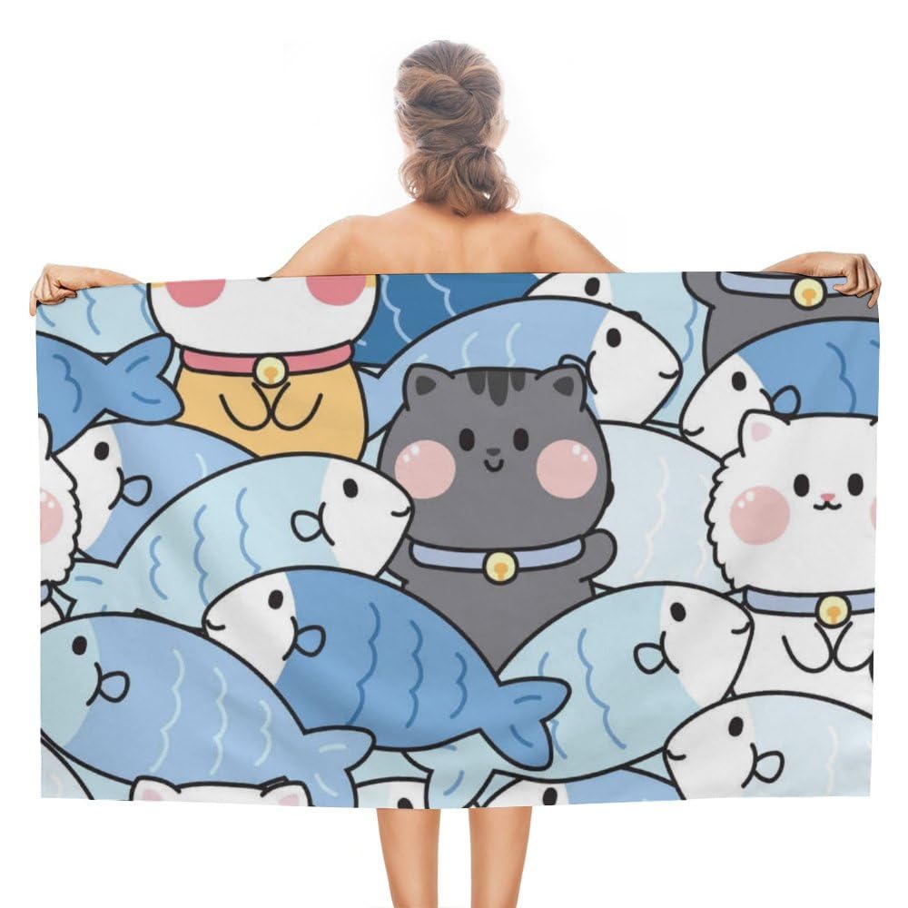 Cute Cat Fish Microfiber Absorbent Lightweight Beach Towels Fast Dry Oversized Sand Free Beach Blanket 31x51in for Swimming Camping Travel Gym and Yoga