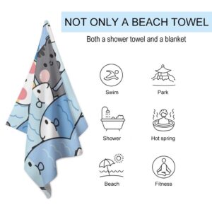 Cute Cat Fish Microfiber Absorbent Lightweight Beach Towels Fast Dry Oversized Sand Free Beach Blanket 31x51in for Swimming Camping Travel Gym and Yoga