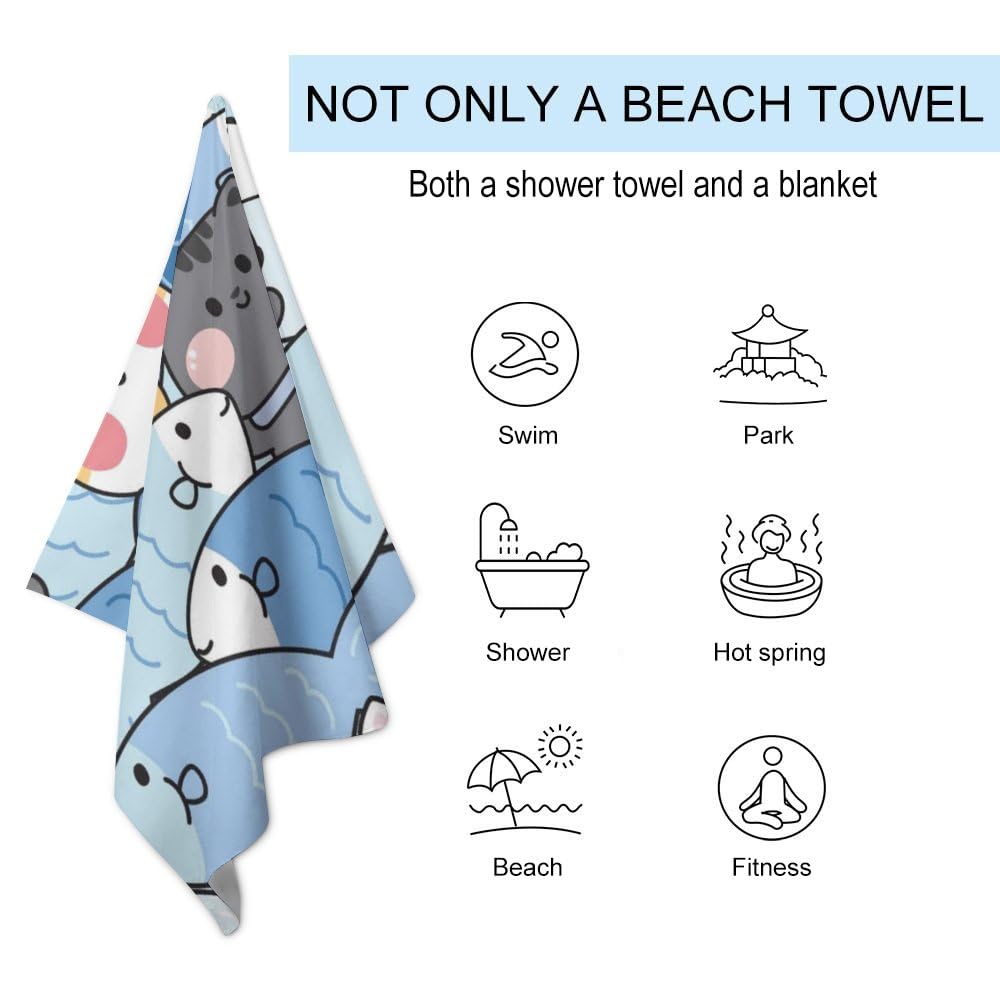 Cute Cat Fish Microfiber Absorbent Lightweight Beach Towels Fast Dry Oversized Sand Free Beach Blanket 31x51in for Swimming Camping Travel Gym and Yoga