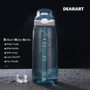 DEARART 32oz Dark Cyan Water Bottles With Narrow Straw, BPA FREE and Hidden Cup Mouth, Summer Clear Bottle With Handle, Suit Office Sports Work Gym Yoga Traveling etc.