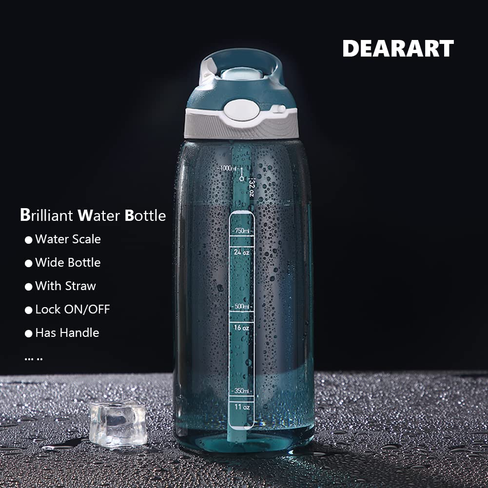 DEARART 32oz Dark Cyan Water Bottles With Narrow Straw, BPA FREE and Hidden Cup Mouth, Summer Clear Bottle With Handle, Suit Office Sports Work Gym Yoga Traveling etc.