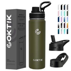 coktik insulated stainless steel water bottle with straw lid, 22 oz wide mouth double wall vacuum insulated water bottle leakproof lightweight for hiking, biking, running(army green)