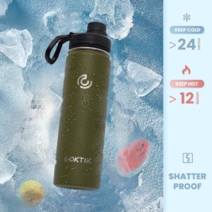 COKTIK Insulated Stainless Steel Water Bottle With Straw Lid, 22 oz Wide Mouth Double Wall Vacuum Insulated Water Bottle Leakproof Lightweight for Hiking, Biking, Running(Army Green)