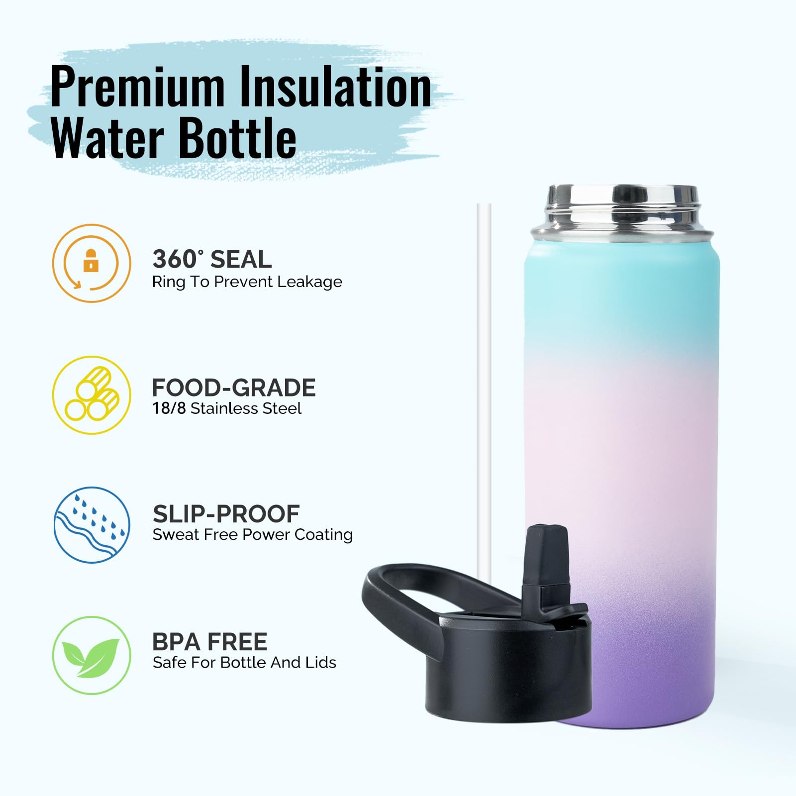 Kerilyn Stainless Steel Water bottle with Straw & Wide Mouth Lid, Wide Rotating Handle, 18oz Double Wall Vacuum Insulated Water Bottle Leak Proof, BPA Free, Keep Cold and Hot, 18oz, Purple Gradient