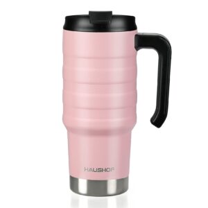 haushof 24 oz travel mug, stainless double wall vacuum insulated tumbler with handle & spill proof twist on flip lid and wide mouth, bpa free (pink)