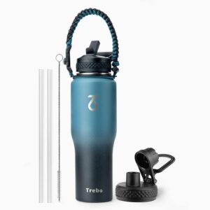 trebo 32oz insulated water bottle that fits in cup holder, stainless steel double wall tumbler flask bottles with paracord handle, with straw spout lids, keep cold for 48 hrs/hot 24 hrs,indigo/black