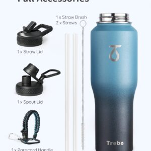 Trebo 32oz Insulated Water Bottle that Fits in Cup Holder, Stainless Steel Double Wall Tumbler Flask Bottles with Paracord Handle, with Straw Spout Lids, Keep Cold for 48 Hrs/Hot 24 Hrs,Indigo/Black