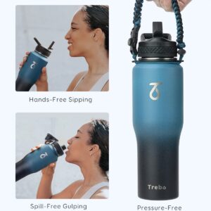 Trebo 32oz Insulated Water Bottle that Fits in Cup Holder, Stainless Steel Double Wall Tumbler Flask Bottles with Paracord Handle, with Straw Spout Lids, Keep Cold for 48 Hrs/Hot 24 Hrs,Indigo/Black