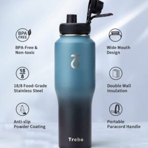 Trebo 32oz Insulated Water Bottle that Fits in Cup Holder, Stainless Steel Double Wall Tumbler Flask Bottles with Paracord Handle, with Straw Spout Lids, Keep Cold for 48 Hrs/Hot 24 Hrs,Indigo/Black